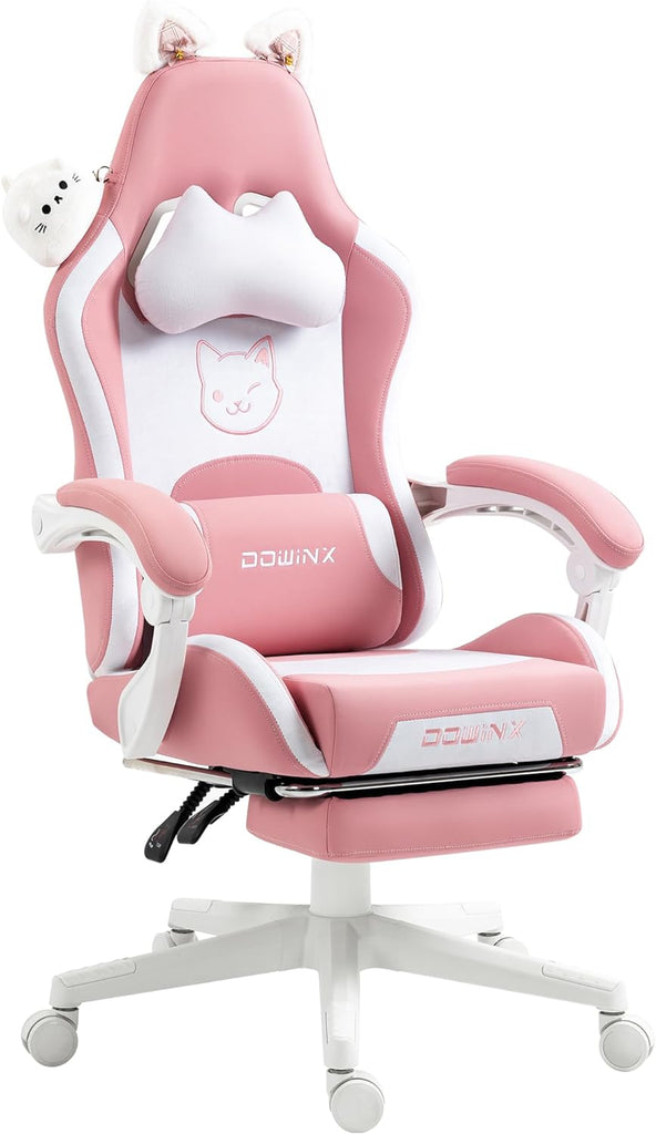 Dowinx Gaming Chair Cute with Cat Ears and Massage Lumbar Support Pink ...