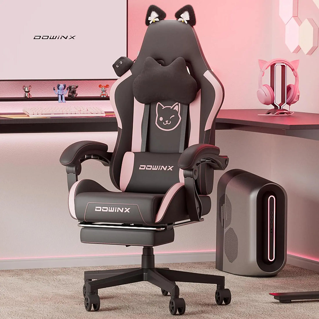 Dowinx Gaming Chair Cute with Cat Ears and Massage Lumbar Support Black ...