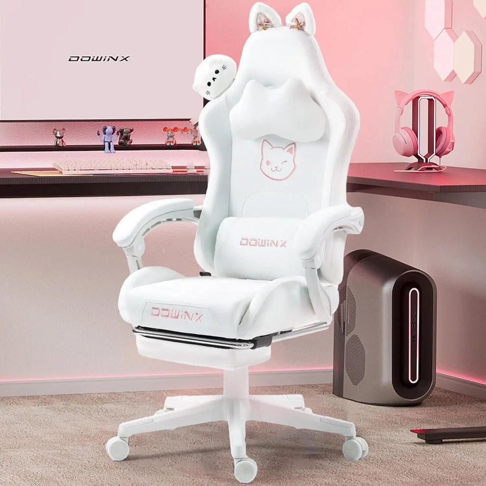 Dowinx Gaming Chair Cute with Cat Ears and Massage Lumbar Support White ...