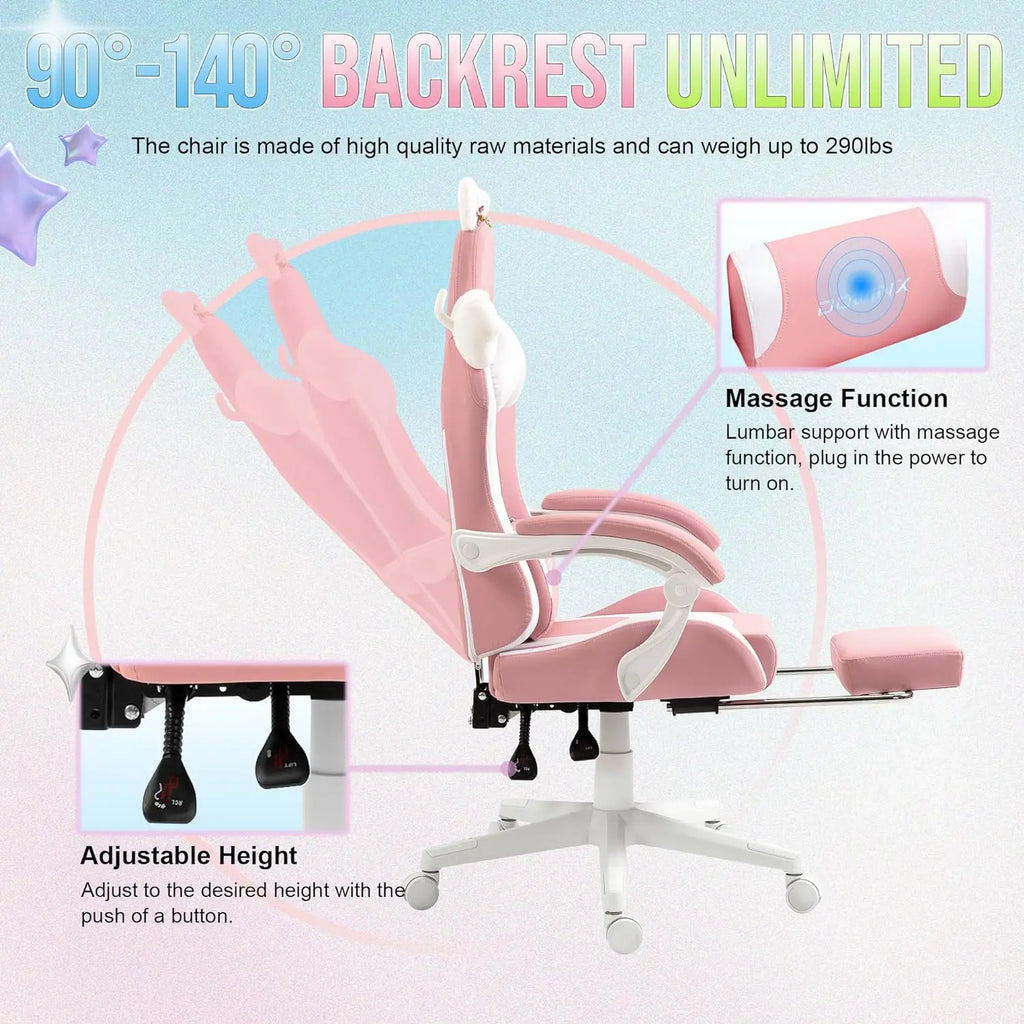 Dowinx Gaming Chair Cute with Cat Ears and Massage Lumbar Support Pink ...