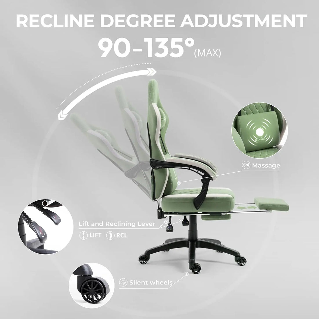 Dowinx 6657D Green Gaming Chair Breathable Fabric Massage with Footrest ...