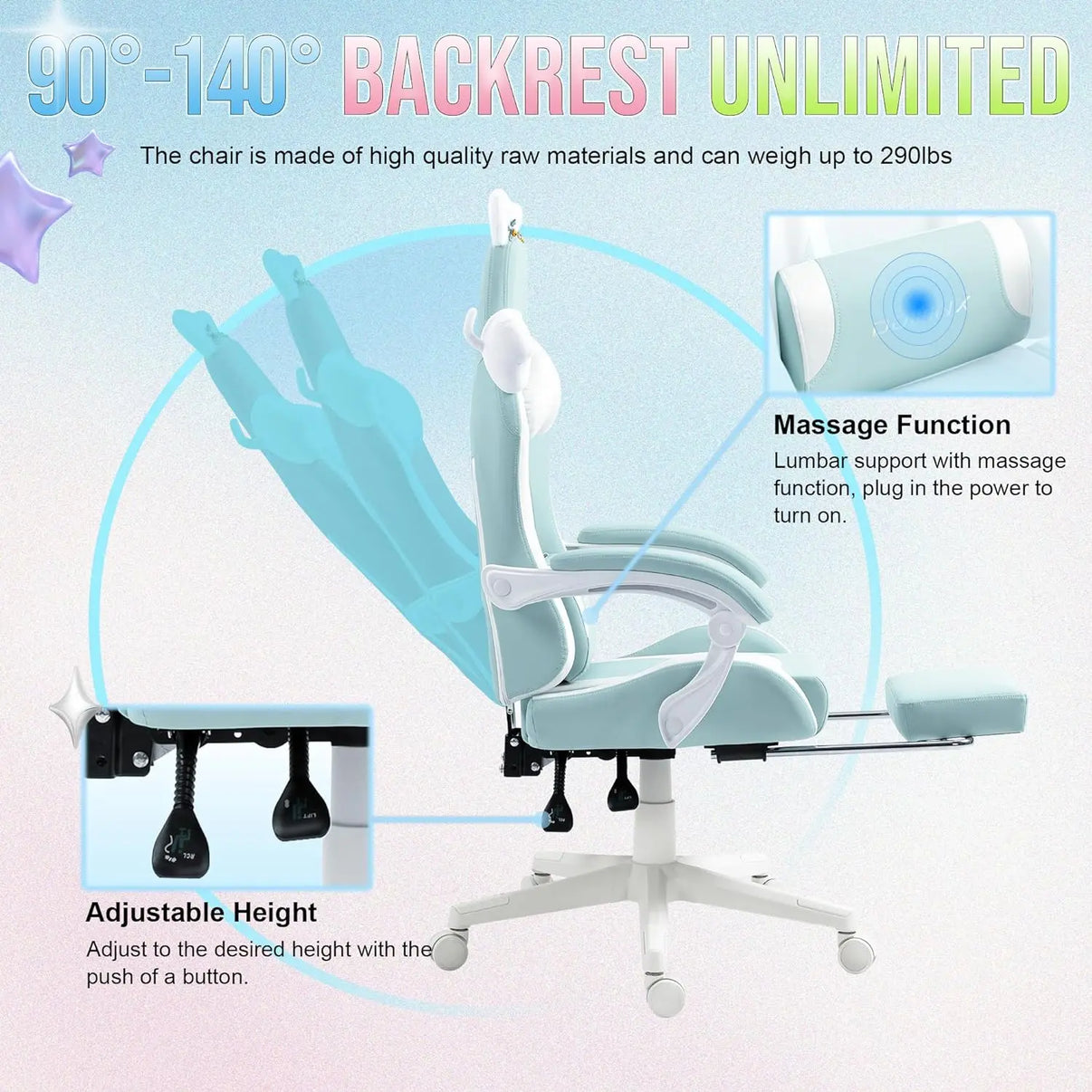 Dowinx Gaming Chair Cute with Cat Ears and Massage Lumbar Support Blue ...