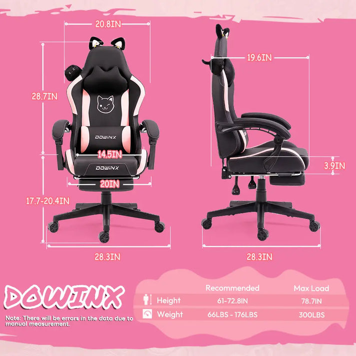 Dowinx Gaming Chair Cute with Cat Ears and Massage Lumbar Support Black ...