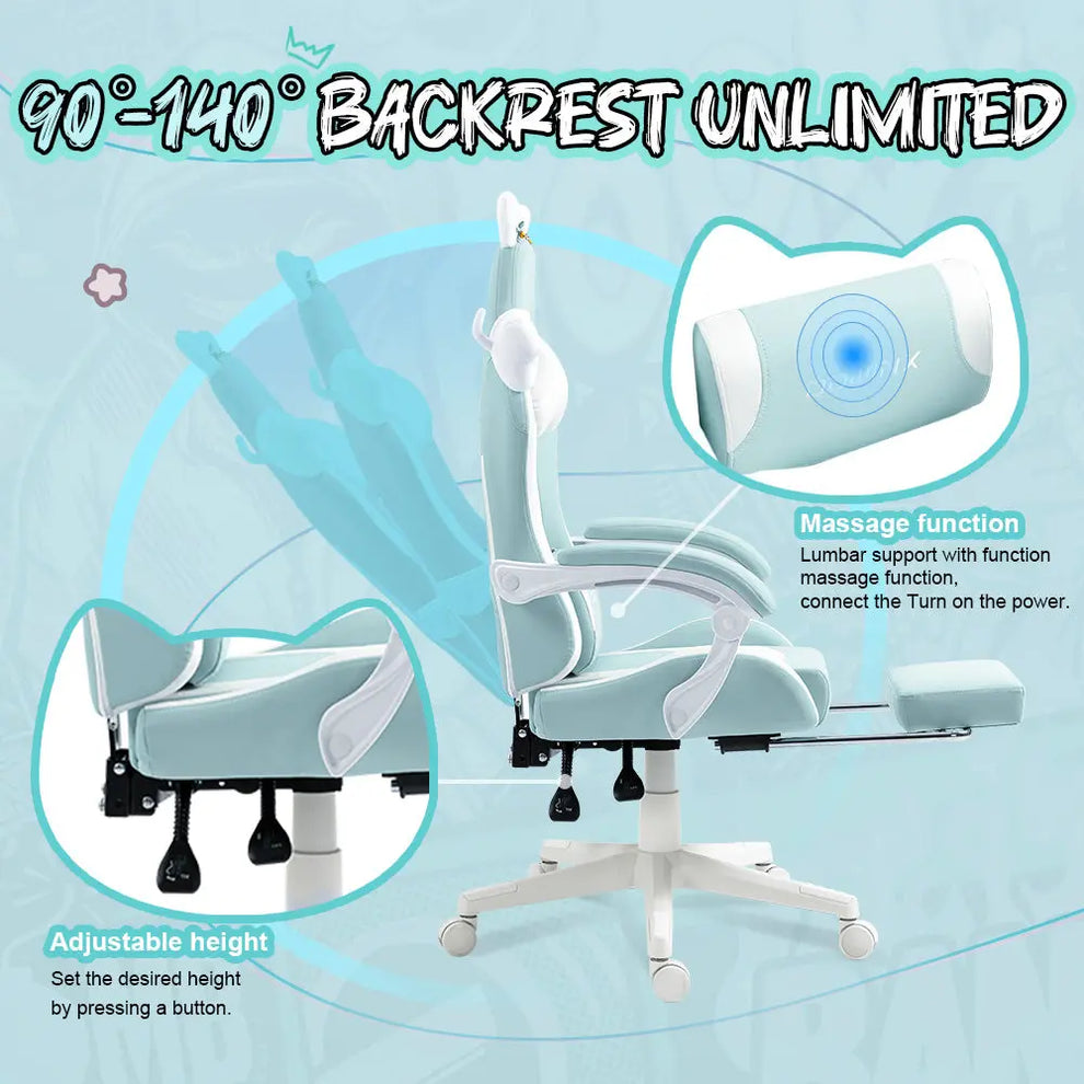 Dowinx Gaming Chair Cute with Cat Ears and Massage Lumbar Support Blue ...