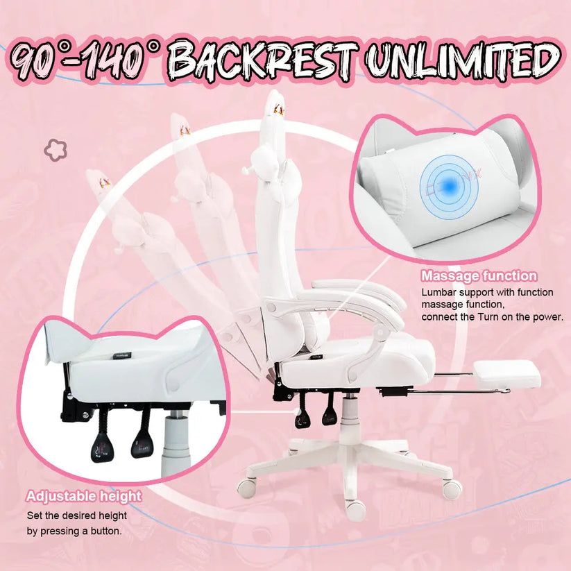 Dowinx Gaming Chair Cute with Cat Ears and Massage Lumbar Support White ...