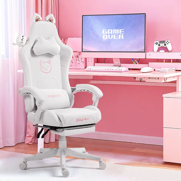 Dowinx Gaming Chair Cute with Cat Ears and Massage Lumbar Support White ...