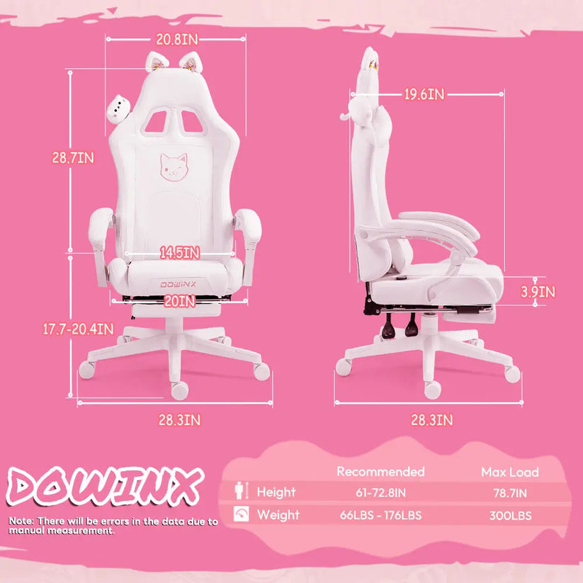 Dowinx Gaming Chair Cute with Cat Ears and Massage Lumbar Support White ...