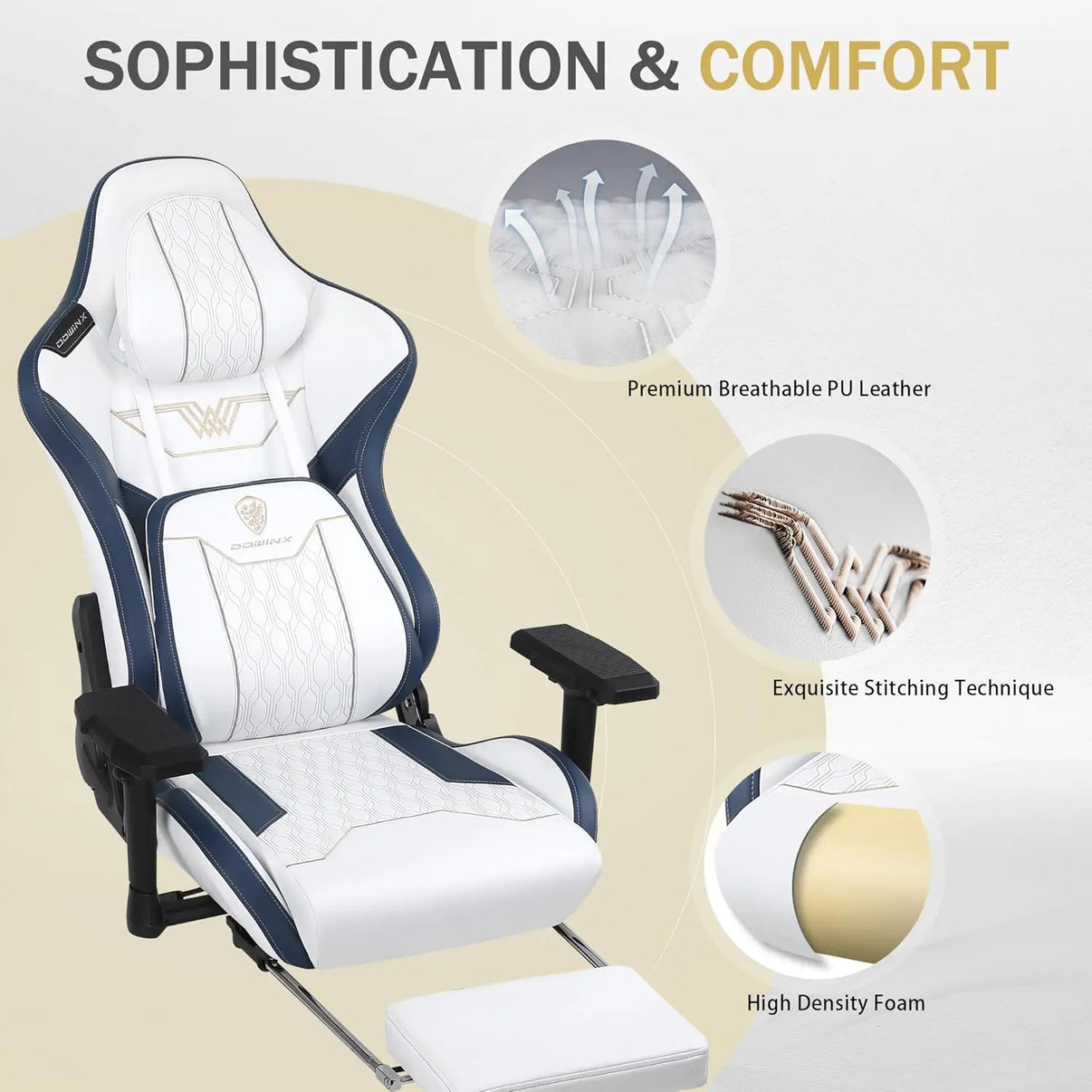 Dowinx 6689L-White Gaming Chair Big and Tall with 4D Armrests PU Leather High Back Ergonomic ...