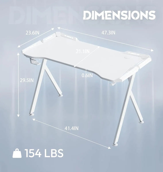 Dowinx 48" RGB Gaming Desk with LED Lights, Carbon Surface, White ...