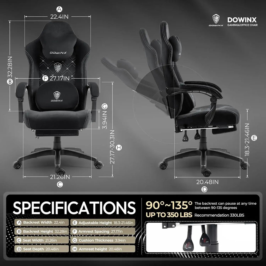 Dowinx BLACK Gaming Chair with Heated Massage,Wide and High Back ...