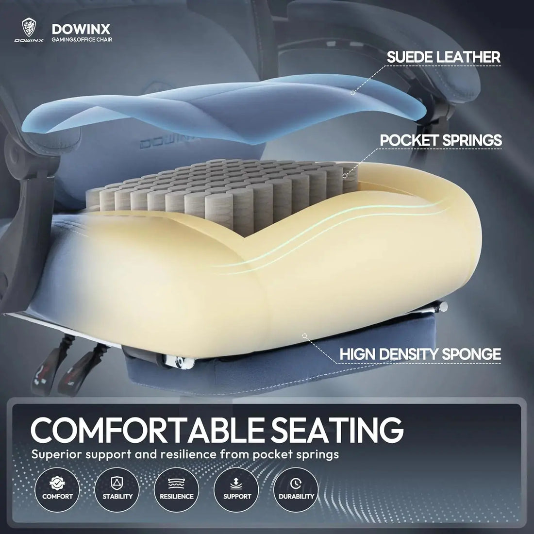 Dowinx BLUE Gaming Chair with Heated Massage,Wide and High Back, Pocket ...