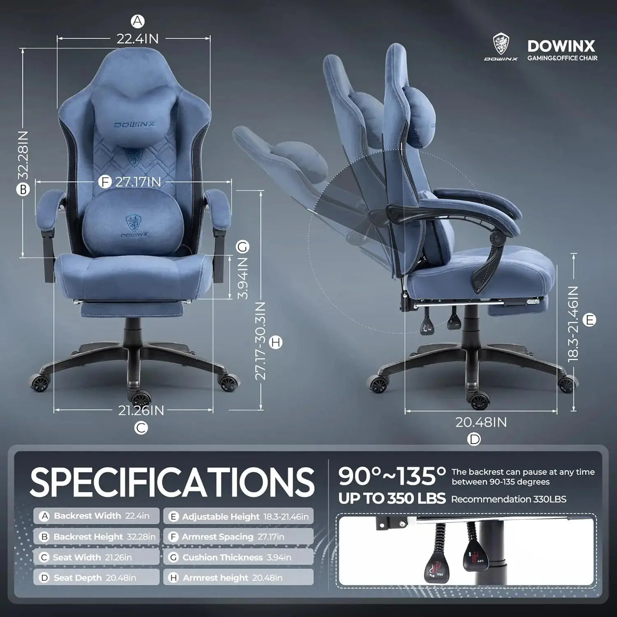 Dowinx BLUE Gaming Chair with Heated Massage,Wide and High Back, Pocket ...