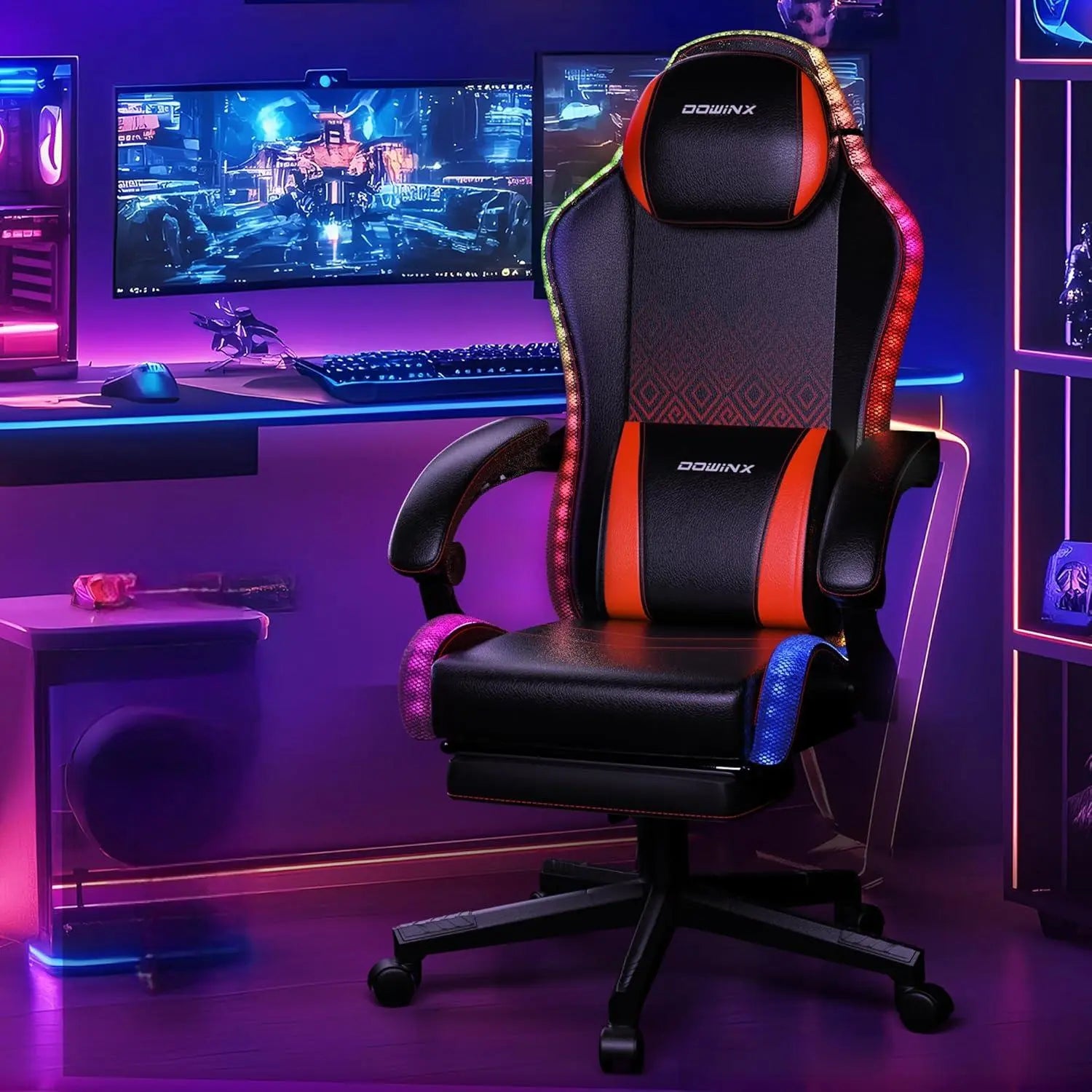 Dowinx LED Gaming Chair with RGB Lights, Footrest & Massage Lumbar ...