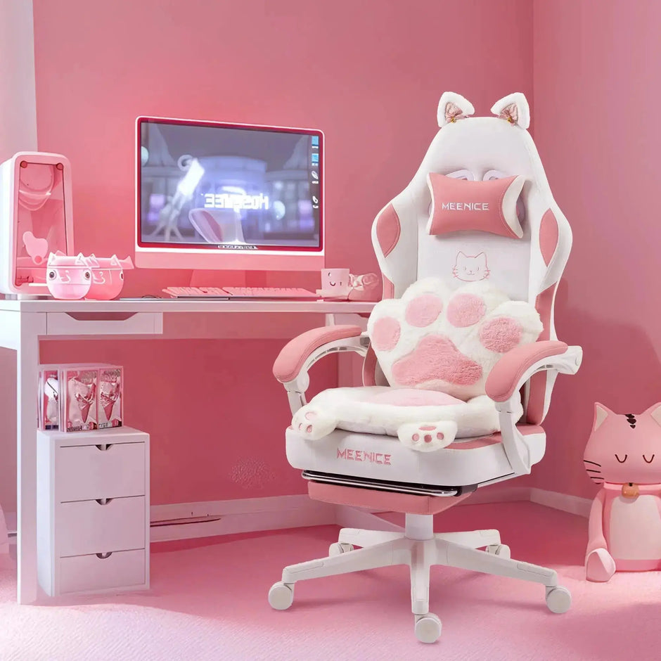 Dowinx Gaming Chair Cute with Cat Ears and Massage Lumbar for Girl ...