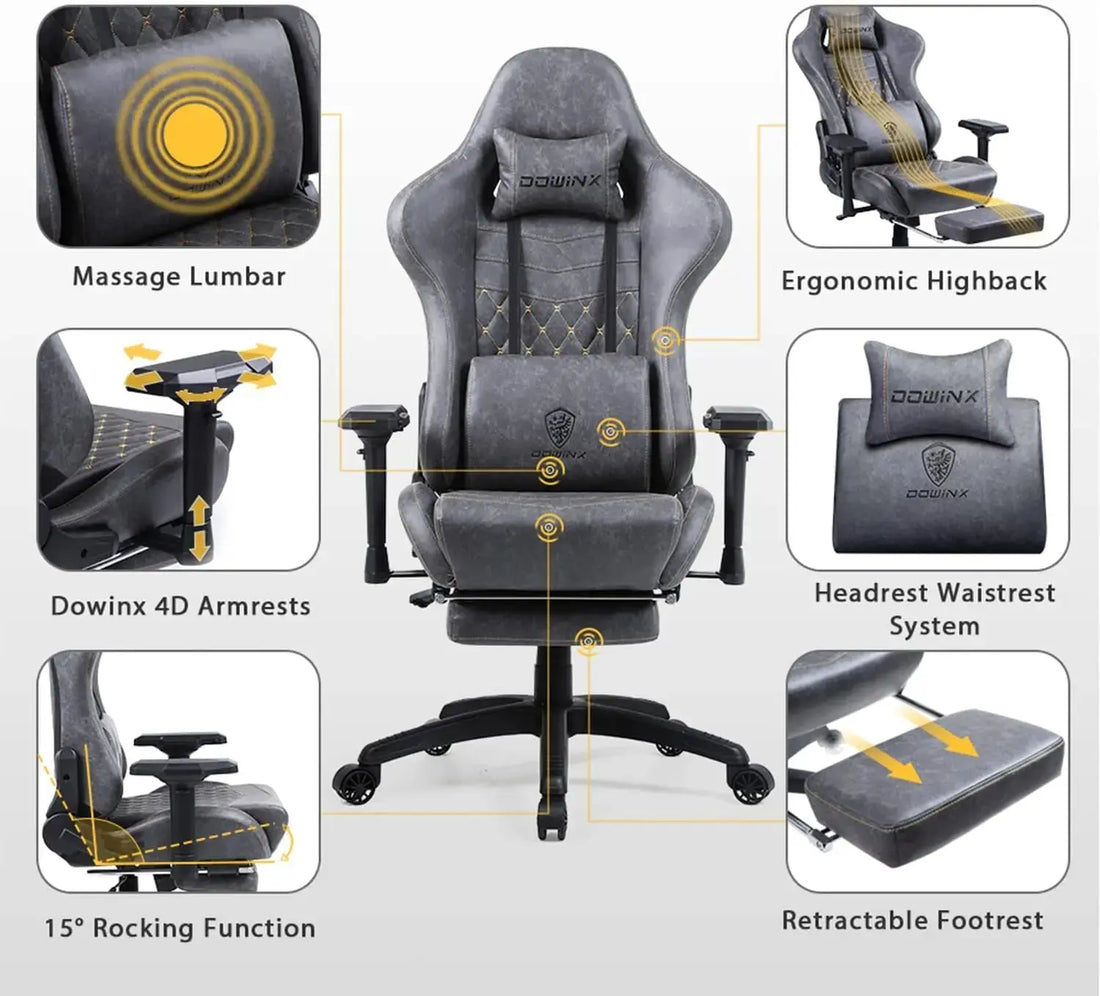 Dowinx 6689 Gaming Chair Office Chair with Massage Lumbar Support-Grey ...