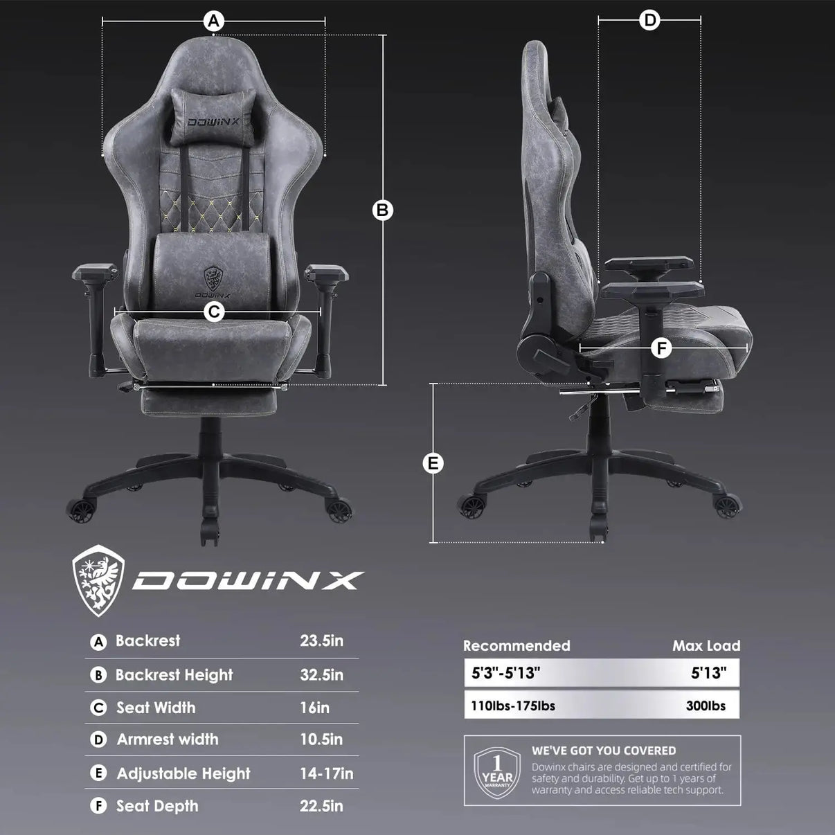 Dowinx 6689 Gaming Chair Office Chair with Massage Lumbar Support-Grey ...